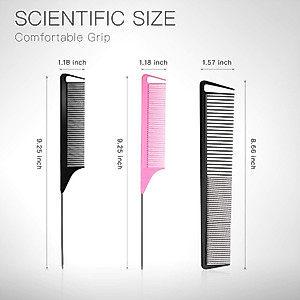 3 Pieces Rat Tail Comb Carbon Fiber Teasing Combs Parting Braids Comb Stainless Steel Pintail Comb Barber Styling Combs for Women Men Fine Teeth Salon Hairdressing Hair Care Tools