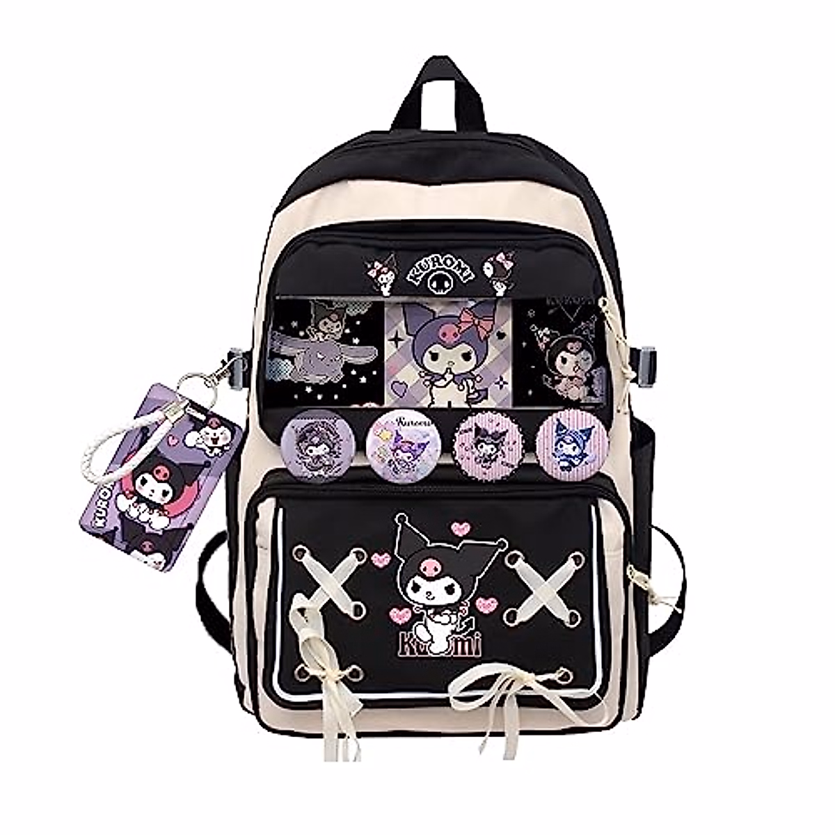 jkawzoy Japanese Cartoon Backpack, Cute Cool Book Bags for Teens Kawaii Backpacks with Kawaii Pins for Outdoor Travel Unisex Laptop Bookbags Black