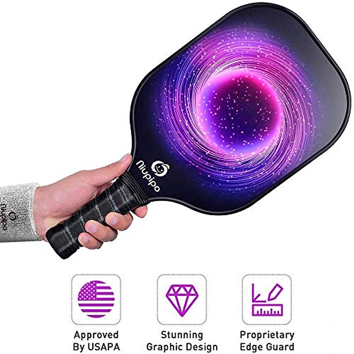 niupipo Pickleball Paddle, USAPA Approved Pickleball Paddle with Fiberglass Surface, Protective Cover, Ultra Cushion, Polypropylene Honeycomb Core, 4.5-Inch Grip, 8.2 Ounces, Purple