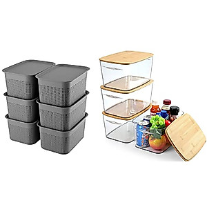 AREYZIN Set of 6 Lidded Plastic Storage Baskets + 6 Pack Clear Storage Bins with Bamboom Lids Freezer Organizer Bins Pantry Organization and Storage