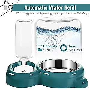 Azwraith Dog Bowls, Cat Food and Water Bowl Set with Water Dispenser and Stainless Steel Bowl for Cats and Small Dogs - Dark Green