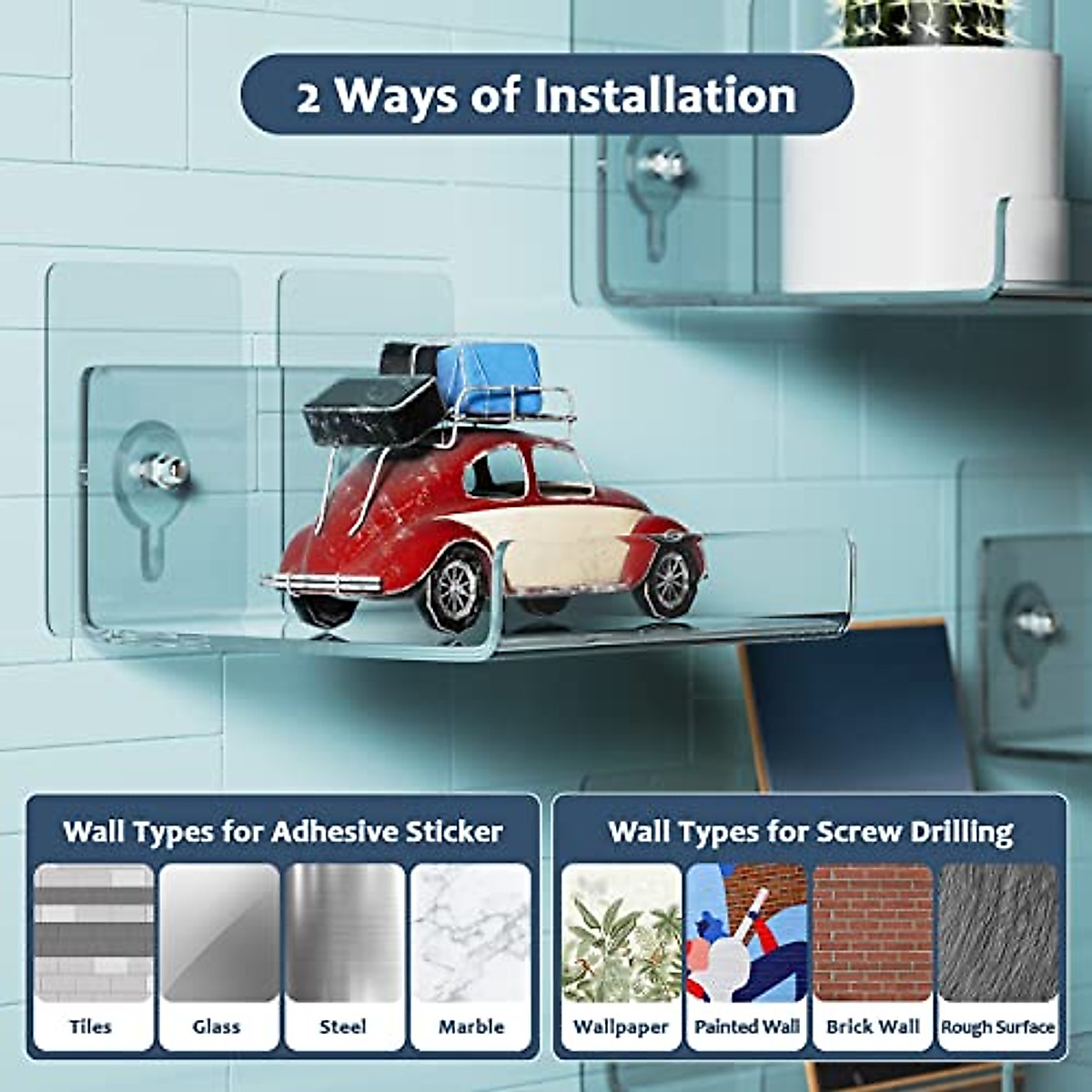 Weronique 2-Pack Wall Shelves Small Adhesive Floating Shelves Acrylic Hanging Shelves Display Ledges with 2 Types of Installation, Clear