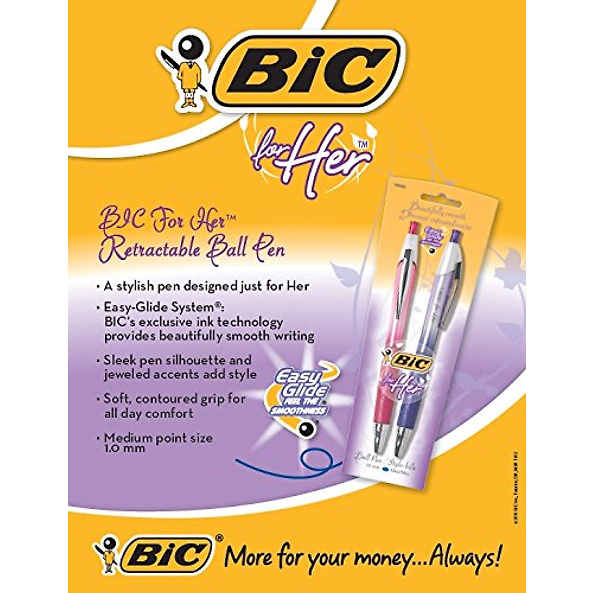 BIC For Her Retractable Ball Pen, Medium Point, 1.0 mm, Black Ink, 2 Count (FHAP21-Black)