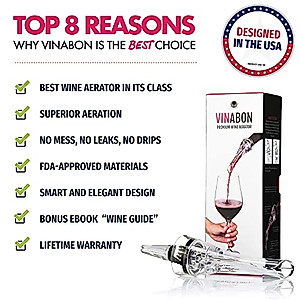 VINABON Wine Aerator Pourer Spout - Professional Quality 2-in-1 Attaches to Any Wine Bottle for Improved Flavor, Enhanced Bouquet, Rich Finish and Bubbles, No-Drip or Spill. Includes WineGuide Ebook