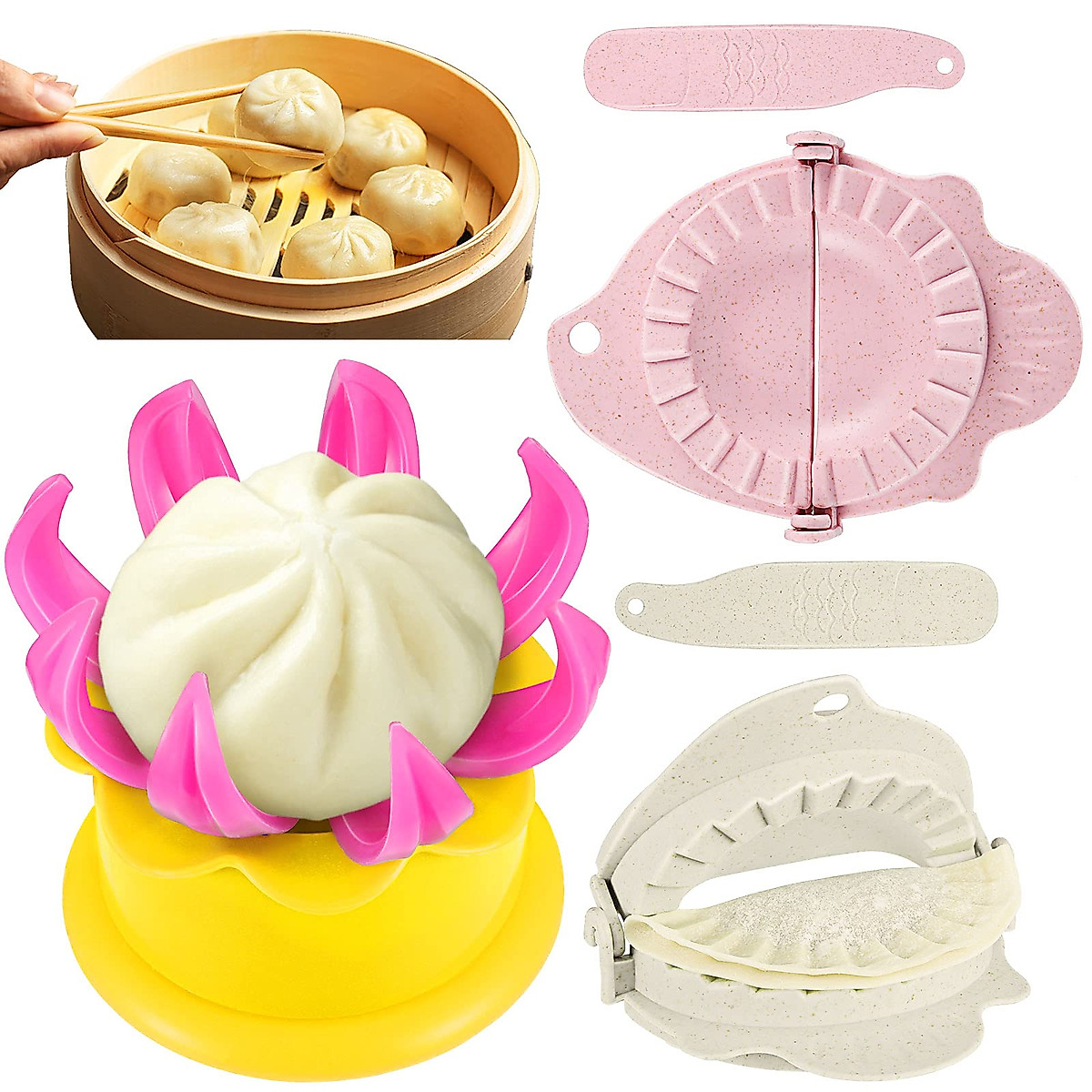5 Pieces Bun Maker Bun Dumpling Maker Steam Filled Plastic Mold and Filling Spoon Cooking Tool Set for Kids Learning to Make Delicious Bun and Dumplings(Yellow, Pink, Beige)