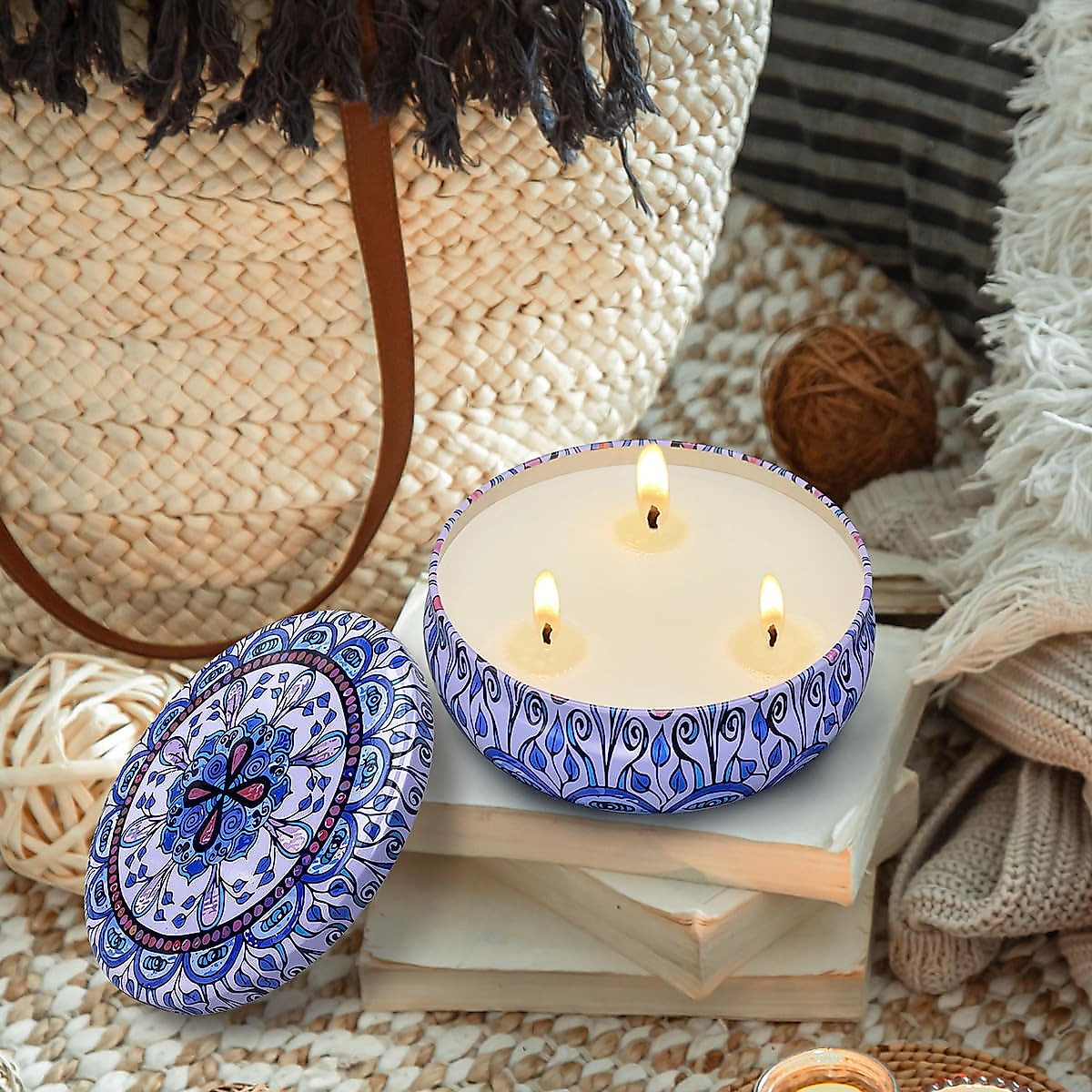 Indoor Citronella Candle, 4 x 14 oz 3 Wick, Outdoor Portable Travel Jar Candle, Powerful Lemongrass Essential Oil Soy Wax for Garden, Patio, Deck, Camping, Porch