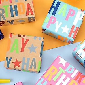 LaRibbons Birthday Wrapping Paper Roll for Kids, 30 Inch x 33 Feet (83 sq. ft. ttl.) Kraft Gift Wrap Paper with Colorful Text Happy Birthday Pattern for Baby Shower Holiday Party