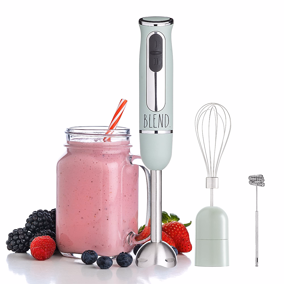 Rae Dunn Immersion Hand Blender- Handheld Immersion Blender with Egg Whisk and Milk Frother Attachments, 2 Speed Blender, 500 Watts, Stainless Steel Blade (Sage)