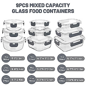Moretoes Glass Food Storage Containers with Lids, 9pcs, Meal Prep, Glass, Airtight, Leakproof Containers Set, Safe Home Container