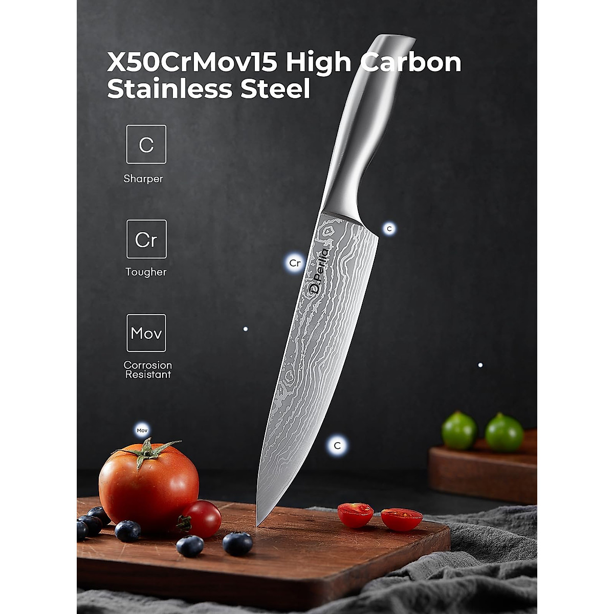 D.Perlla Kitchen Knife Set 15 Pieces, Knife Set with Block and Sharpener, High Grade Stainless Steel Kitchen Knife Set, Steak Knives, Scissors for Chopping, Slicing, Dicing, Sharp and No Rust