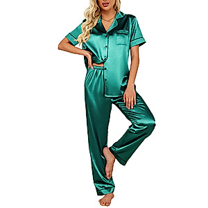 Ekouaer Silk Satin Pajamas Set Women Short Sleeve Sleepwear Soft Button Down Loungewear Pjs Set Dark Green Small