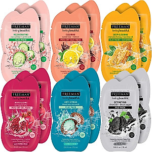 Freeman Facial Mask Variety Pack: Clay, Mud, Peel-Off, & Gel Face Masks, Detoxifying, Clearing, Hydrating, & Oil Absorbing Skincare, Travel-Sized Face Masks, Cruelty-Free & Vegan, 12 Count