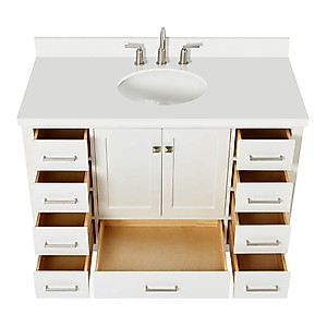 ARIEL 49" White Bathroom Vanity with 1.5" Edge Pure White Quartz Countertop & Backsplash, Center Oval Sink, 2 Soft Closing Doors, 9 Full Extension Dovetail Drawers, Brushed Nickel