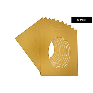 CountryArtHouse Metallic Gold Acid Free 8.5x11 Oval Picture Frame Mat with White Core Bevel Cut for 5x7 Pictures - Fits 8.5x11 Frame - Pack of 10 Matboards