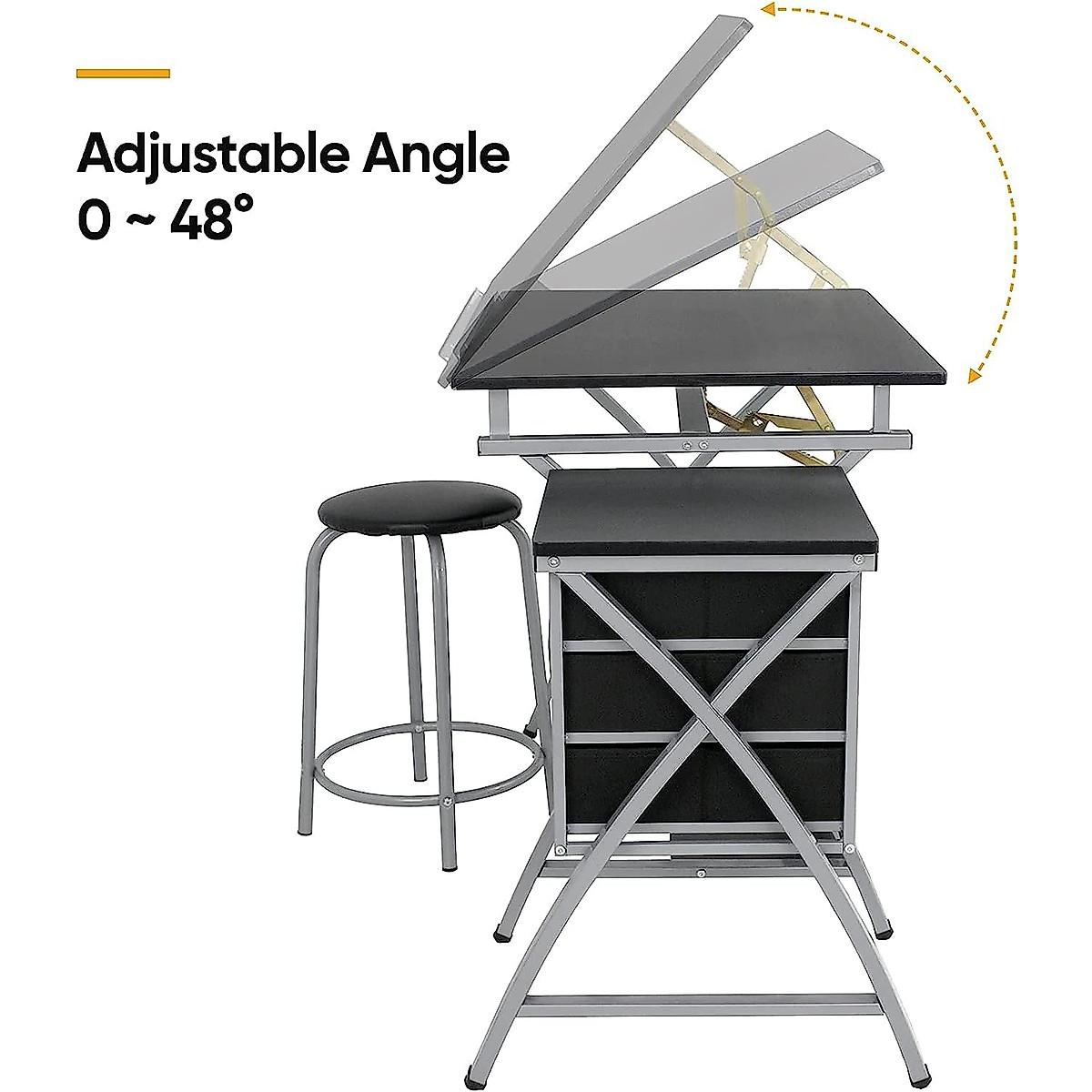 BBBuy Drafting Table Drawing Desk Art Craft Adjustable Tabletop Craft Table w/ 3 Slide Drawers and Stool Set Art Design Workstation for Writing, Painting, Sketching for Home Office, Black