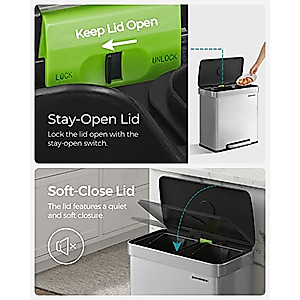SONGMICS Kitchen Trash Can, 16 Gallons (2 x 8 Gallons) Dual Compartment Garbage Can, 60L Pedal Recycling Bin, Stay-Open Lid and Soft Closure, Stainless Steel, 15 Bags Included, Silver ULTB202E01