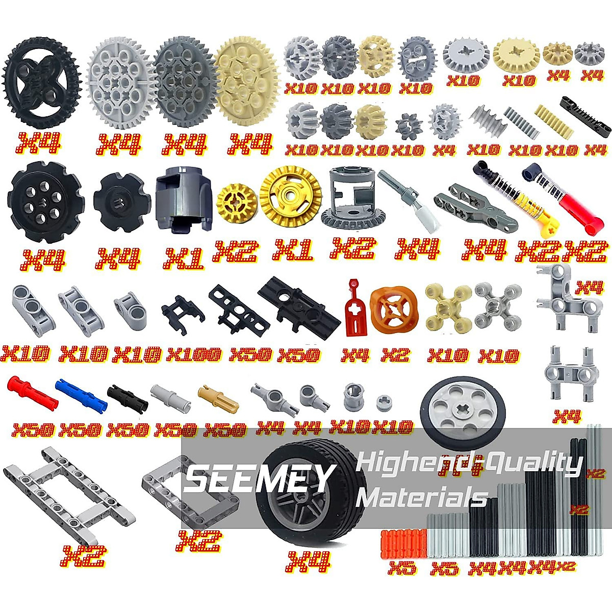 844Pcs Pins-Gears-Axles set Compatible with mainbrands-Technical-Parts, latest differentials Chain Link Connector Joints Tank Track Car-Wheels-Tires Shock-Absorber Steering Shaft