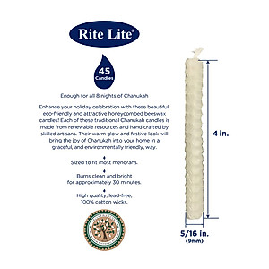 Rite Lite Judaica Hand Rolled Honeycomb Beeswax Hanukkah Candles, 45 Count Chanukah Menorah Gifts, Jewish Holiday Party Favors Candleholder (Natural)