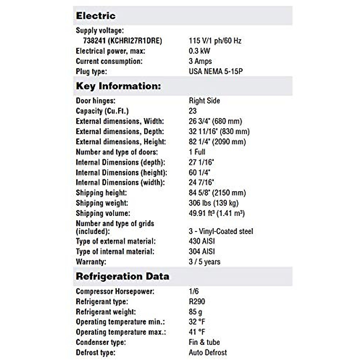 Kelvinator KCHRI27R1DRE 26 3/4" One Section Reach in Refrigerator, Silver