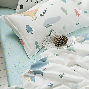BuLuTu Dinosaur Kids Bedding Sets Twin Cotton,3 Pieces Premium Soft Reversible Dino Forest Print Teen Boys Girls Twin Duvet Cover Set Cotton with Zipper Closure and Ties,NO Comforter