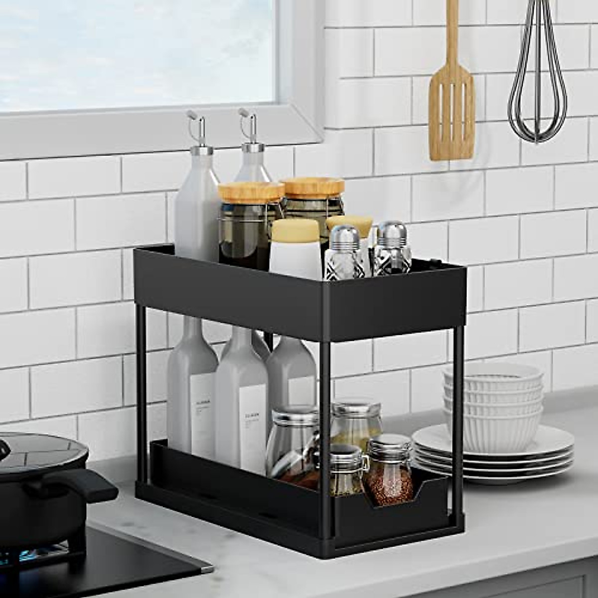 2Pcs Under Sink Organizers and Storage, Pull Out Cabinet Organizer 2-Tier Under Sliding Cabinet Basket Organizer Drawer with Hooks, Hanging Cup, Multi-purpose Storage Shelf for Bathroom Kitchen, Black