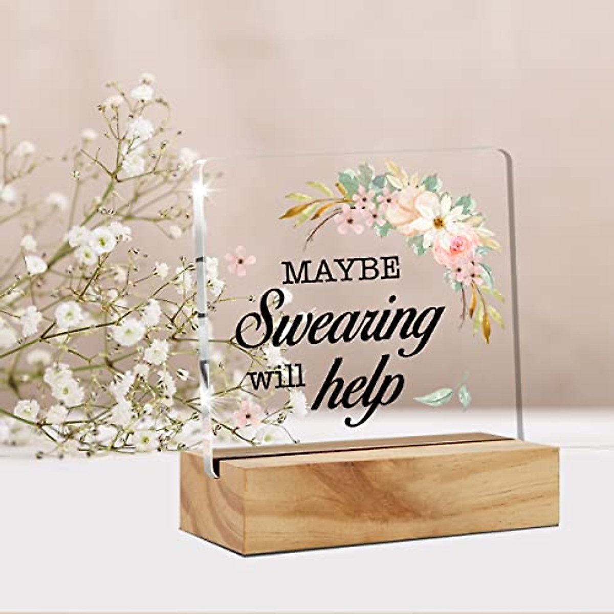 Maybe Swearing Will Help Desk Decor Acrylic Desk Sign Funny Acrylic Plaque Home Office Desk Shelf Decoration 4.7"x4.7"