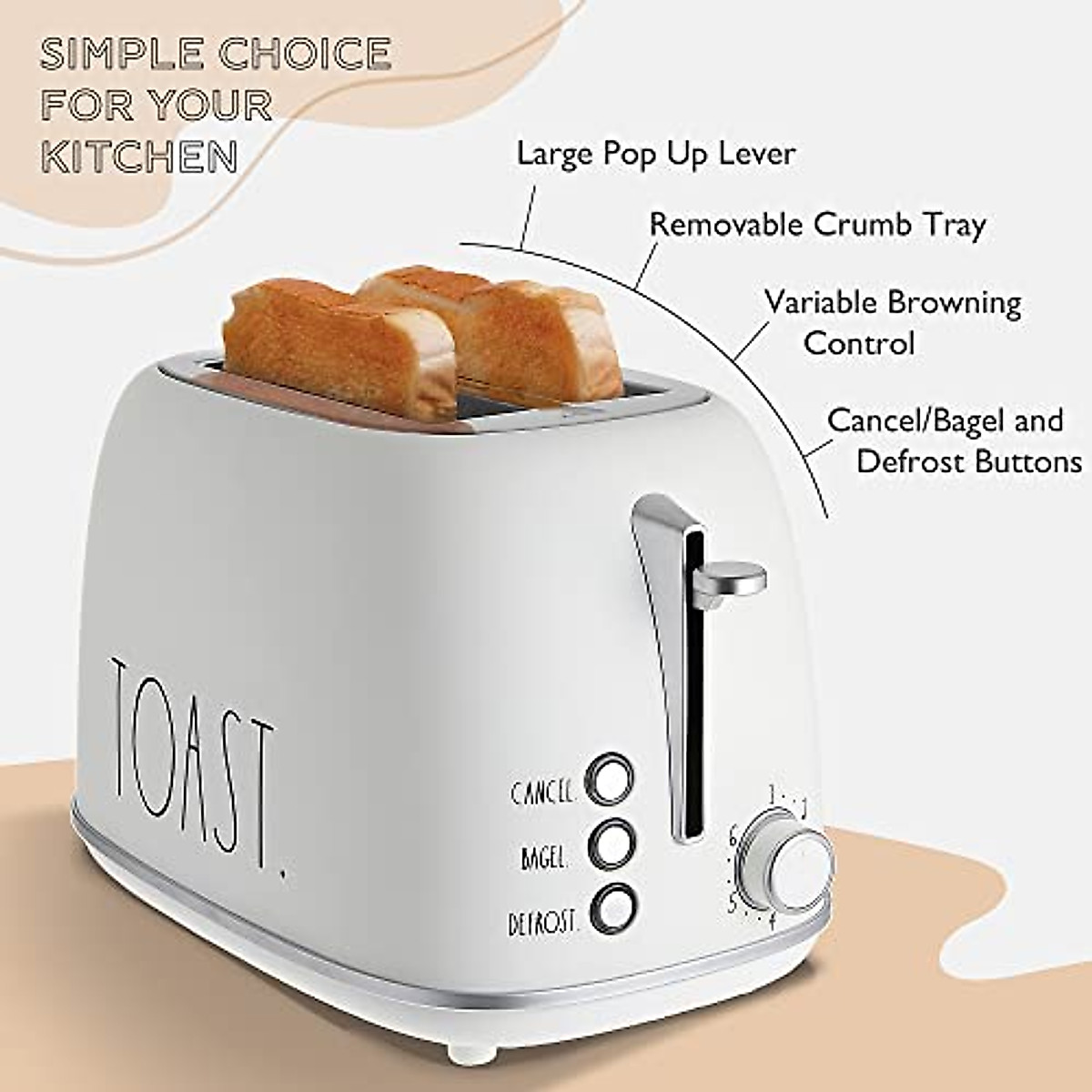 Rae Dunn Retro Rounded Bread Toaster, 2 Slice Stainless Steel Toaster with Removable Crumb Tray, Wide Slot with 6 Browning Levels, Bagel, Defrost and Cancel Options (Cream)