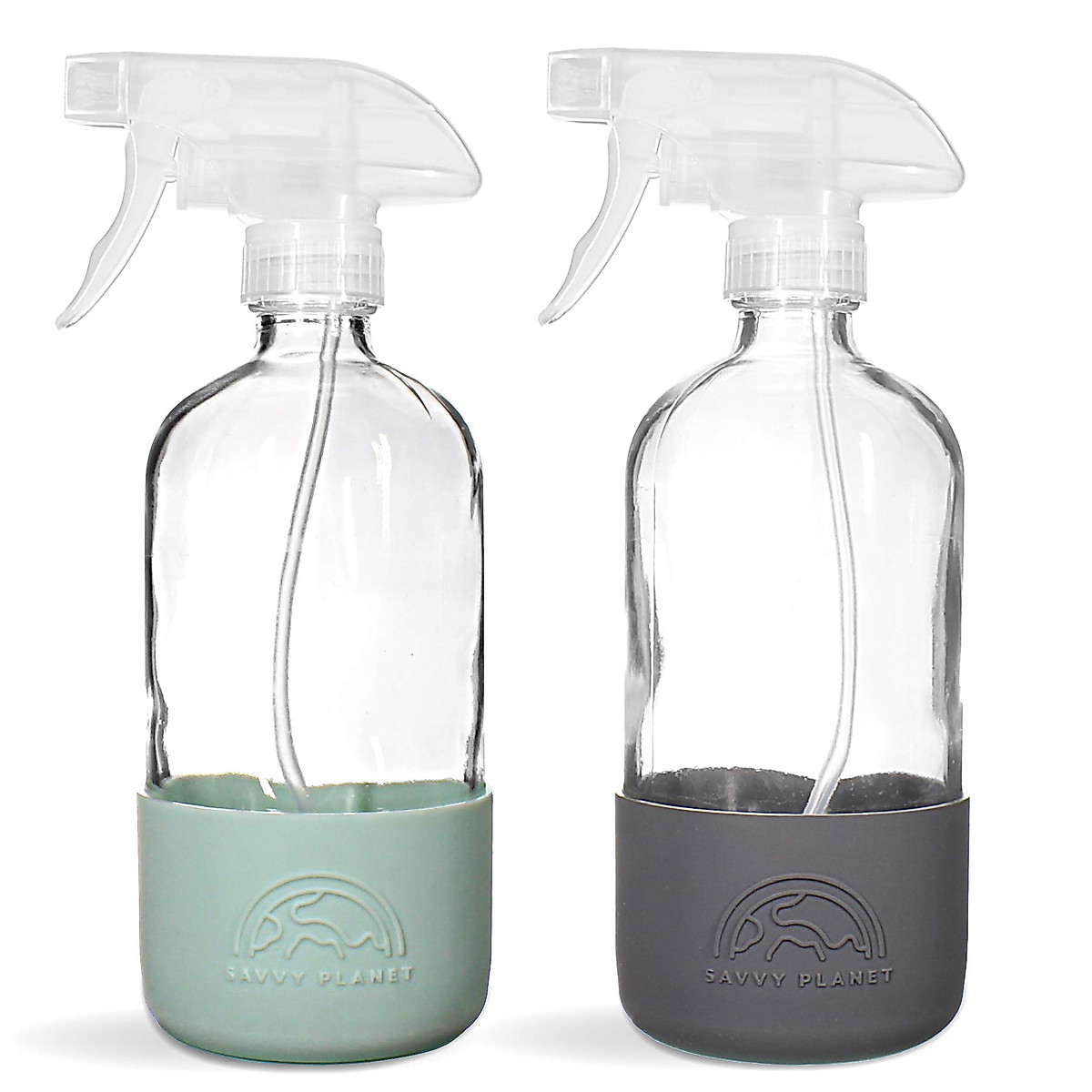 SAVVY PLANET - Glass Spray Bottles for Cleaning, Silicone Sleeve Bottom for Protection, Reusable Glass Spray Bottles 16 Oz With Adjustable Nozzle Settings (2 Pack)