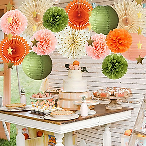 Olive Green and Orange Decorations Paper Lanterns Fans Tissue Paper Pom Poms Peach and Olive Green Decor with Gold Star Garland for Fall Baby Shower Bridal Shower Rustic Wedding Birthday Party