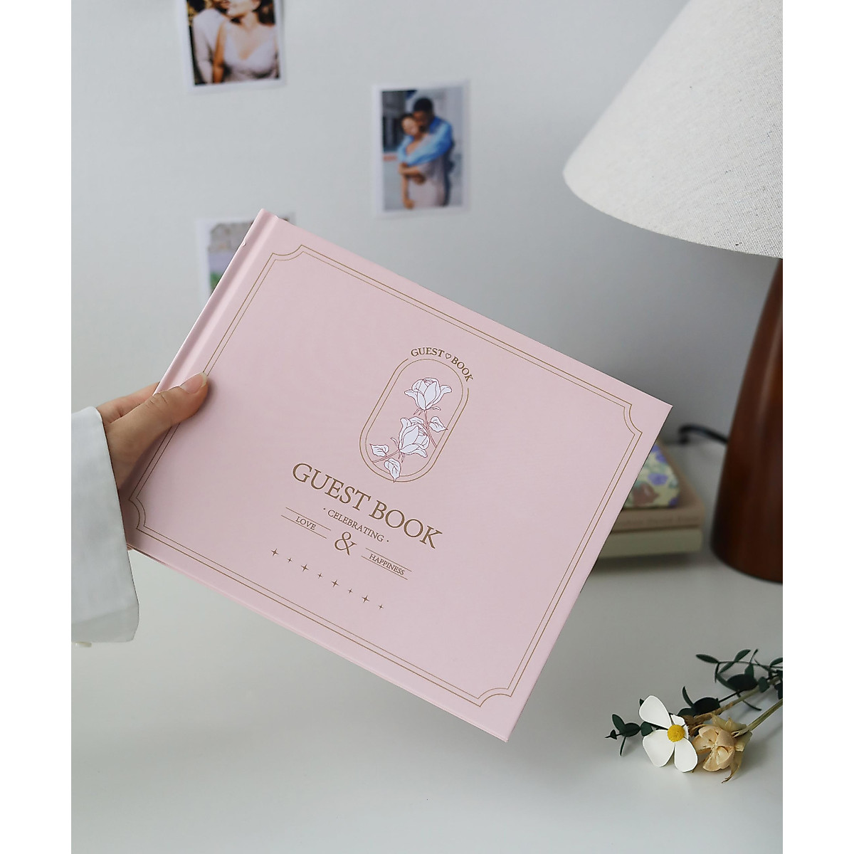 FOUNCY Wedding Guest Book - Elegant Hardcover Guest Book to Sign in & Photos,100 Blank Pages for Wedding Reception, Bridal, Baby Showers and Birthdays - Pink, 9"x7", Ivory Paper