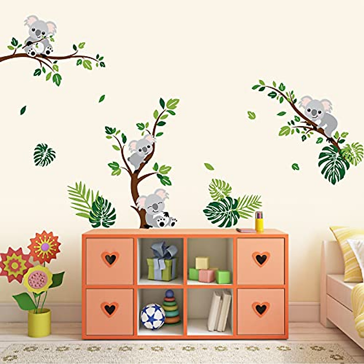 decalmile Koala and Tree Branch Wall Decals Tropical Palm Leaves Wall Stickers Baby Nursery Children Bedroom Wall Decor