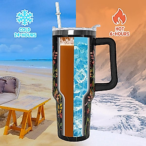 Rcvlauf 40 oz Tumbler with Handle and Straw Goth Tumbler Leak Proof Insulated Cup 40 oz Gothic Flower Moon Coffee Travel Mug Witchy Decor Stuff Goth Gifts for Women