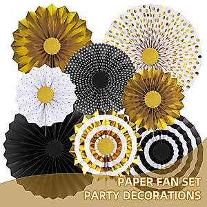 8 PCS Black Gold Party Hanging Paper Fans Decorations,Round Flower Paper Pompoms Fan for Photo Backdrop Halloween Graduation Birthday Wedding Party Decorations