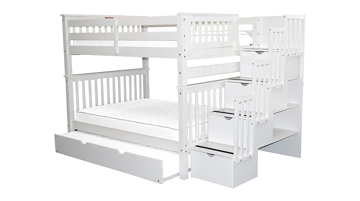 Bedz King Full Bunk Beds with Trundle & Drawers - White