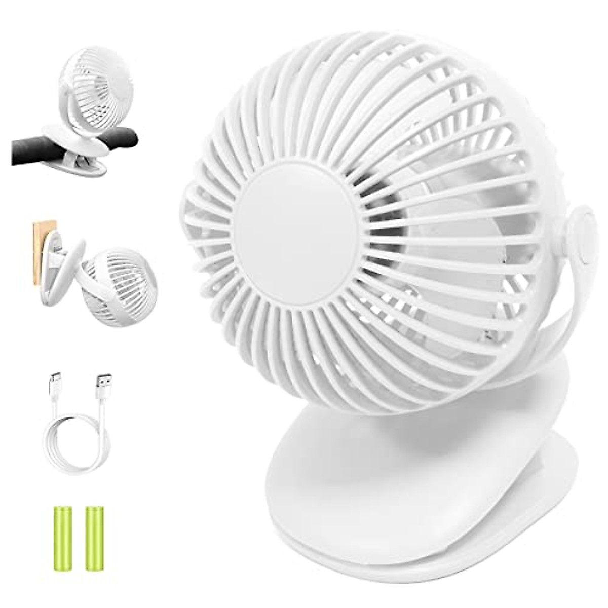 1200mAh USB Rechargeable Clip On Baby Stroller Fan 5 Inch Small Cute Round Office Clip Fan Desk&Hanging Fan Bed Office Fan With 720 Degree Rotation 3 Levels Speed Type-c USB Rechargeable 7-Hours Continuous Usage White With Using Instructions