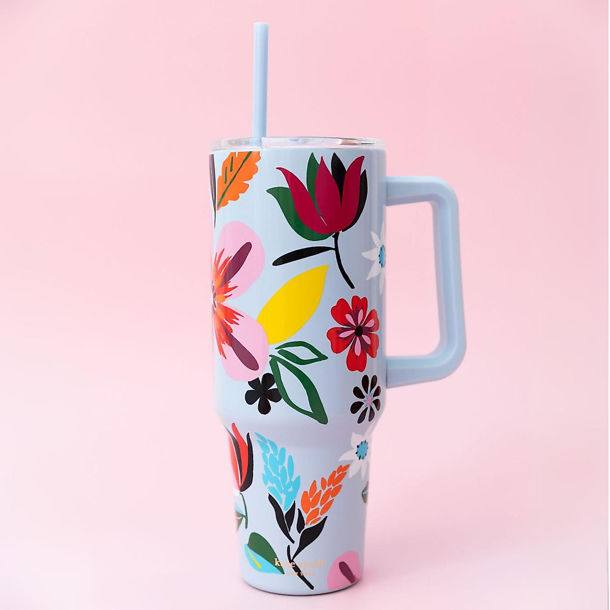 kate spade new york 40 Ounce Tumbler with Handle and Straw, Double Wall Stainless Steel Insulated Cup, Cupholder Friendly 40 oz Cup, Metal Drinking Cup for Hot or Cold Drinks (Safari Floral)