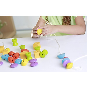 PlanToys Wooden Lacing Beads (5353) | Sustainably Made from Rubberwood and Non-toxic Paints and Dyes