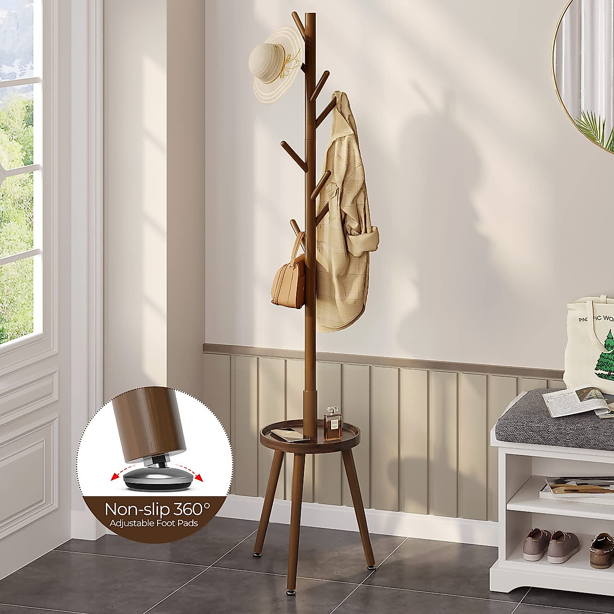 GREENSTELL Coat Rack with 8 Hooks, Wooden Coat Rack Freestanding with Shelf, Coat Tree with 4 Height Options 50.5"-72.6", Coat Hanger Stand for Bags, Clothes, Umbrellas, Hats, in Home, Brown