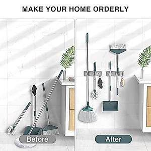 HOMEASY Mop Broom Holder Wall Mounted SUS304 Stainless Steel, Mop Broom Organizer with 2 Installation Methods (No Drilling&Screw Drilling Installation 2 In 1), Mop Hanger Heavy Duty with Hooks, 2PCS