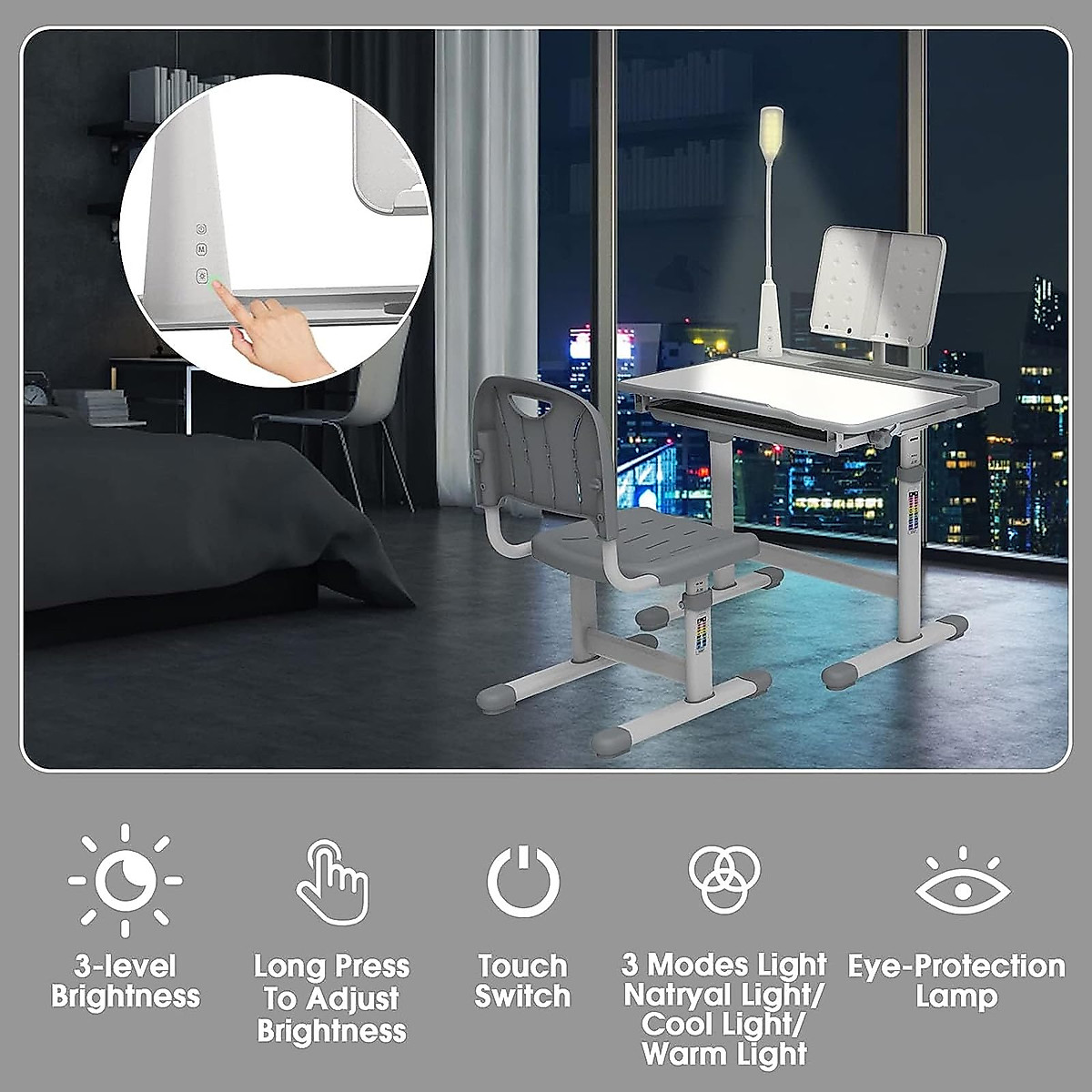 BELANITAS Kids Desk and Chair Set 3-12 Years, Kids School Desk for Kids, Height Adjustable Kids Study Desk with Light, 40-Degree Tiltable Desktop Kid Desk, Space Grey