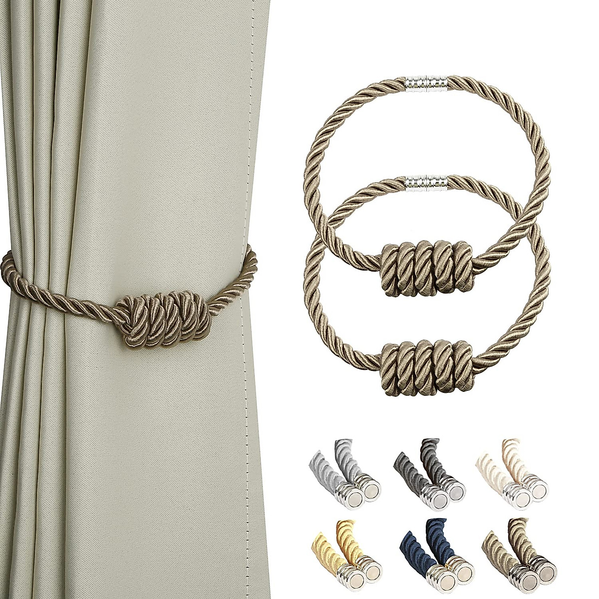 BEL AVENIR Magnetic Curtain Tiebacks, Decorative Drapery Holdbacks Modern Woven Tie-Backs with Exquisite Knot (Flaxen, 2 Pack)