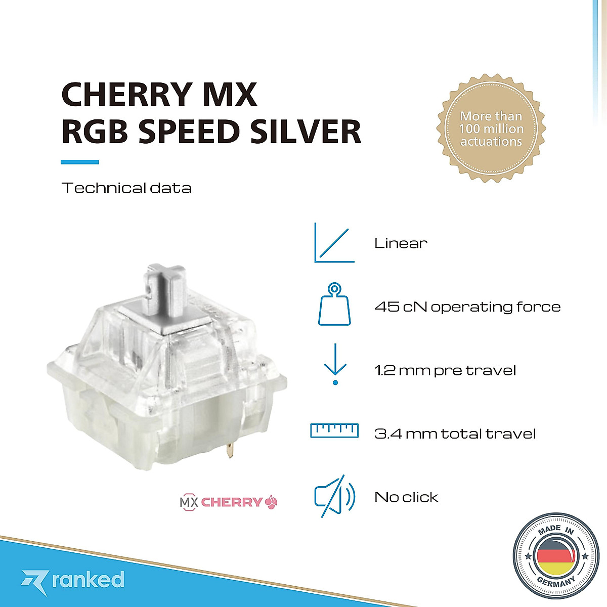 Cherry MX Key Switches for Mechanical Gaming Keyboards | Plate Mounted | MX1A51NA (Cherry RGB Speed Silver, 90 Pcs)