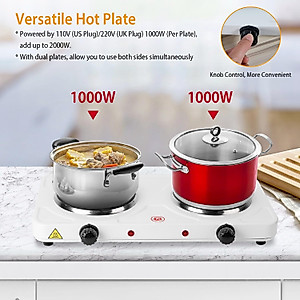 TeqHome Hot Plate, 2000W Portable Electric Stove for Cooking with 5 Levels Adjustable Temperature & Dual Control, Countertop Double Coil Burner Cast Iron Cooktop for All Cookwares RV Home Camp (White)