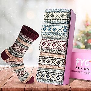 FYC Winter Womens Socks Wool Warm Thick Knit Cozy Crew Casual Vintage Soft Socks for Women Christmas Gifts Socks 5 Pairs