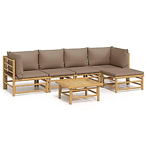 vidaXL 6 Piece Bamboo Patio Furniture Set with Taupe Cushions - Durable Outdoor Sectional Sofa for Garden, Deck, or Lounge Area - Modular Design with Coffee Table