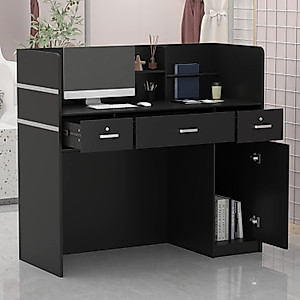 AGOTENI Reception Desk Reception Stations with Open Shelf & Drawers, Wooden Counter Desk with Lockable Drawer for Office Reception Room (Black)