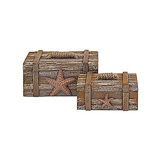Deco 79 Wood Starfish Handmade Distressed Box with Knotted Rope Details, Set of 2 10", 7"W, Brown