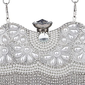 Sither Rhinestone Tassel Handbag Purses for Women Evening Handbag Purses Crystal Pearls Clutch Purses Sparkly Clutches Shoulder Chain Bags for Party Prom Christmas Gift (silver)
