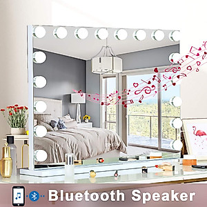 Bobening Vanity Mirror for Makeup Bluetooth, Extra Large Hollywood Lighted Mirror with 18 Dimming LED Bulbs Smart, Tabletop/Hanging Cosmetic Mirror with Touch Screen & USB Charging Port & Speaker