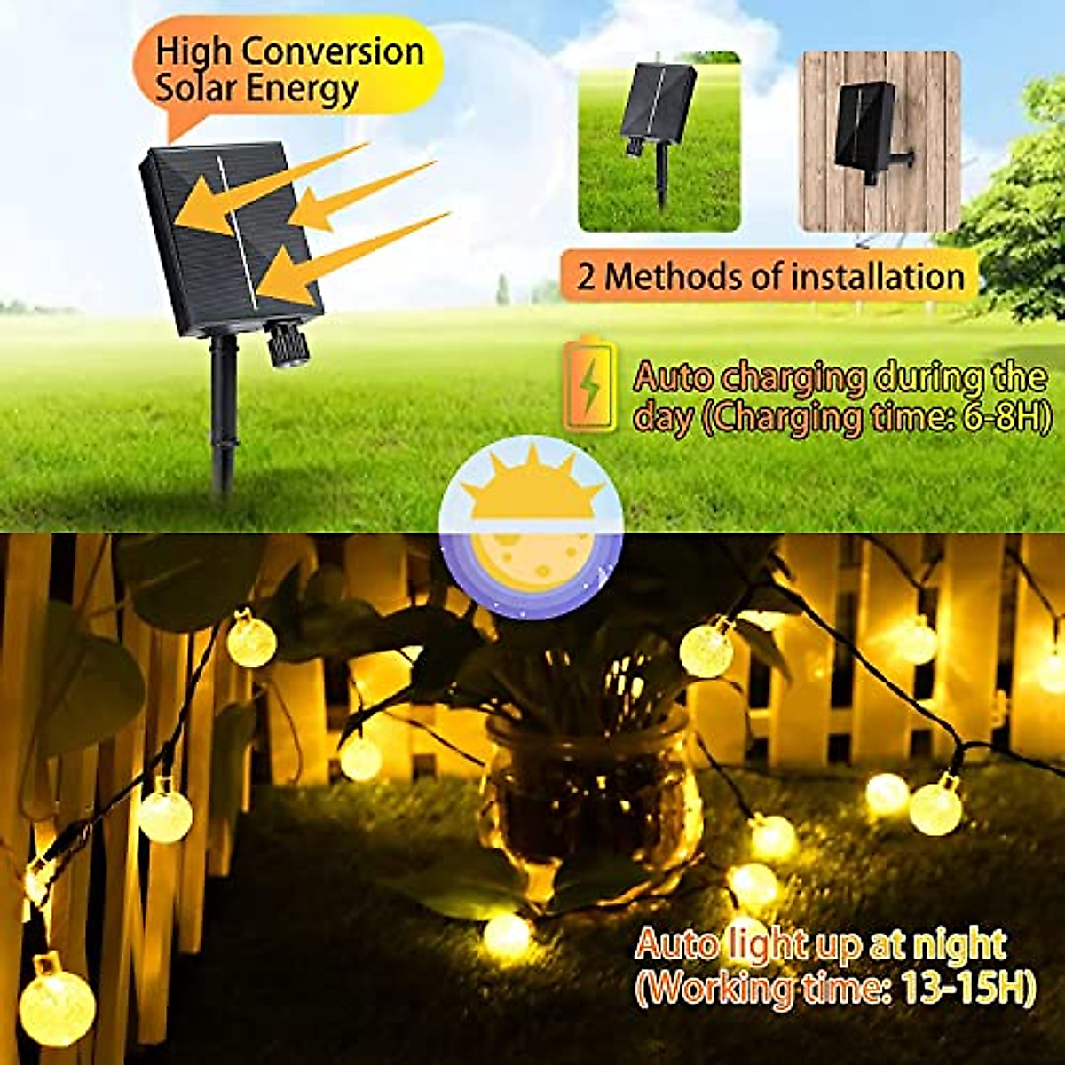 Solar String Lights Outdoor, 60 LED 36ft Crystal Globe Lights With Remote, 8 Modes Waterproof Solar Powered Patio Lights for Weeding, Garden, Lawn, Porch, Yard, Party, Xmas, Home Decor (Warm White)